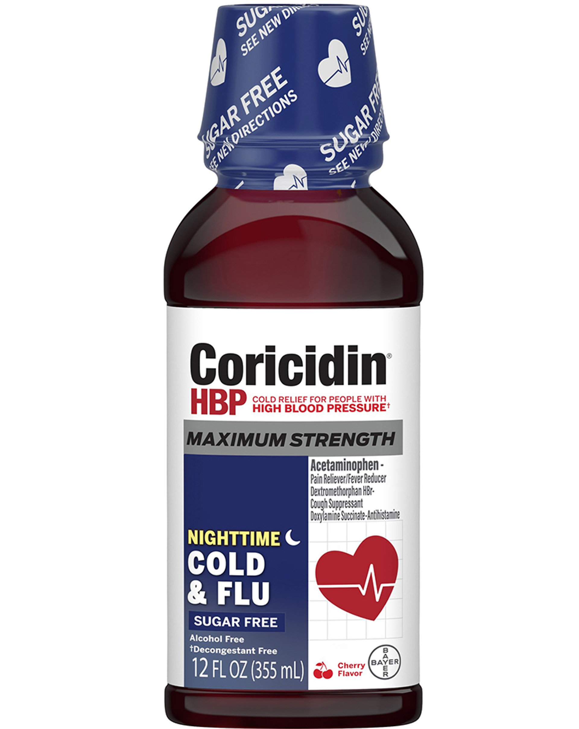 Coricidin HBP Maximum Strength Night Cold & Flu Liquid, Sugar Free, 12 ...
